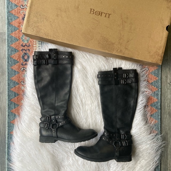 Born | Shoes | Born Black Leather Riding Boot Moto Studded Straps Zip ...